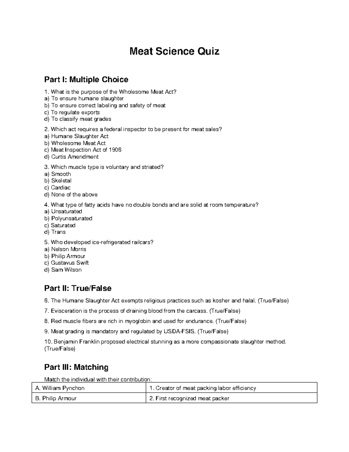 Meat Science Quiz - PRACTISE QUIZ (Part I & II) - Studocu