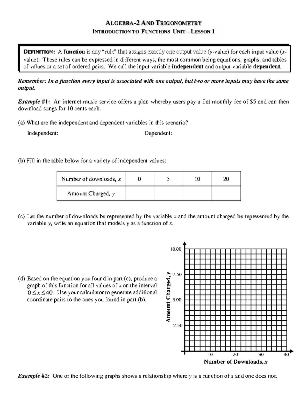 Introduction to Functions Unit - Lesson 1: Graphs, Notation, and ...