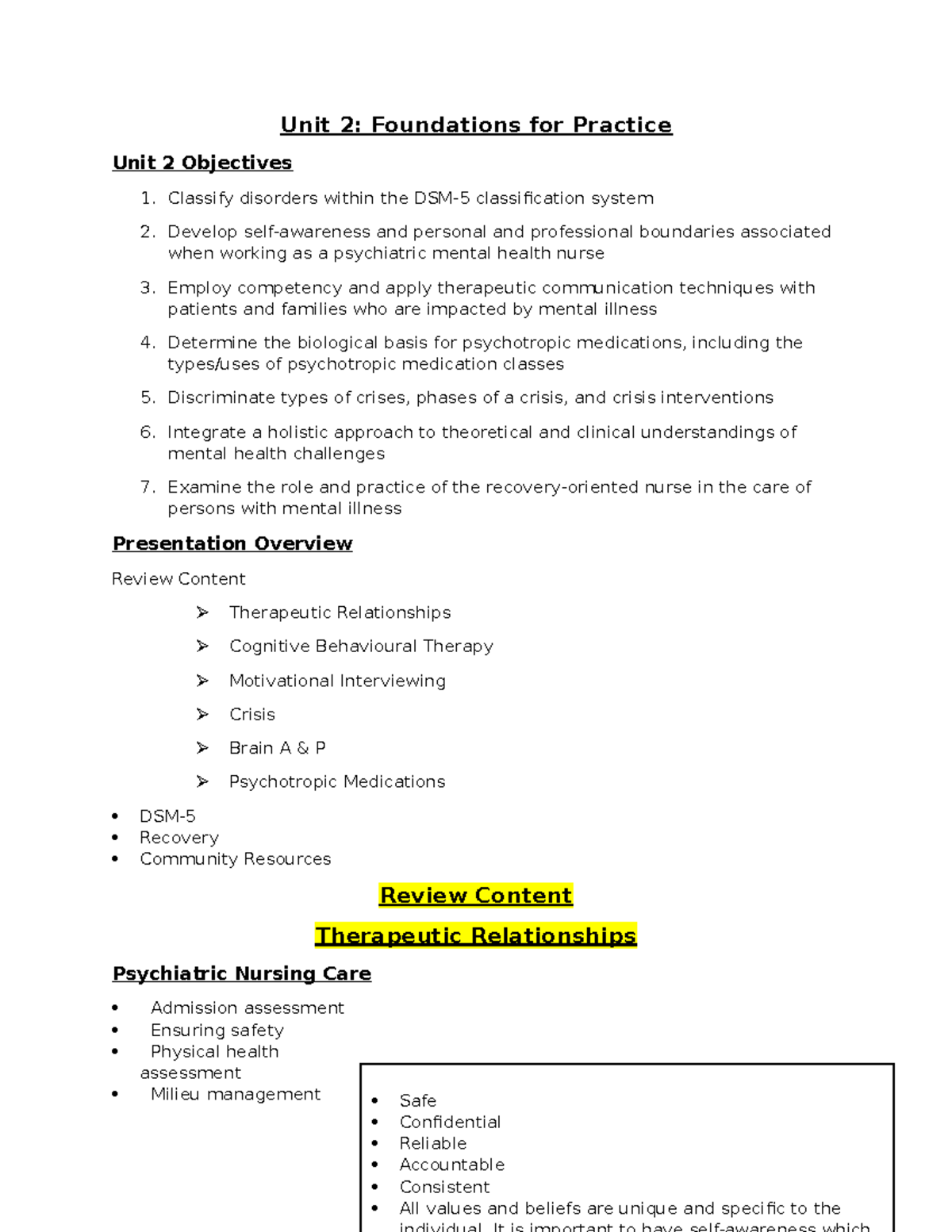 Unit 2: Foundations for Practice in Psychiatric Nursing - Studocu