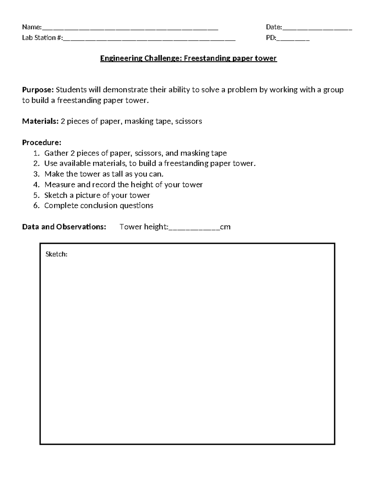 Lab Station Engineering Challenge: Freestanding Paper Tower Activity ...