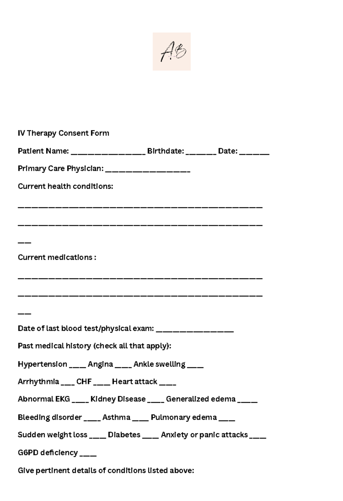 IV Therapy Consent Form - IV Therapy Consent Form Patient Name ...