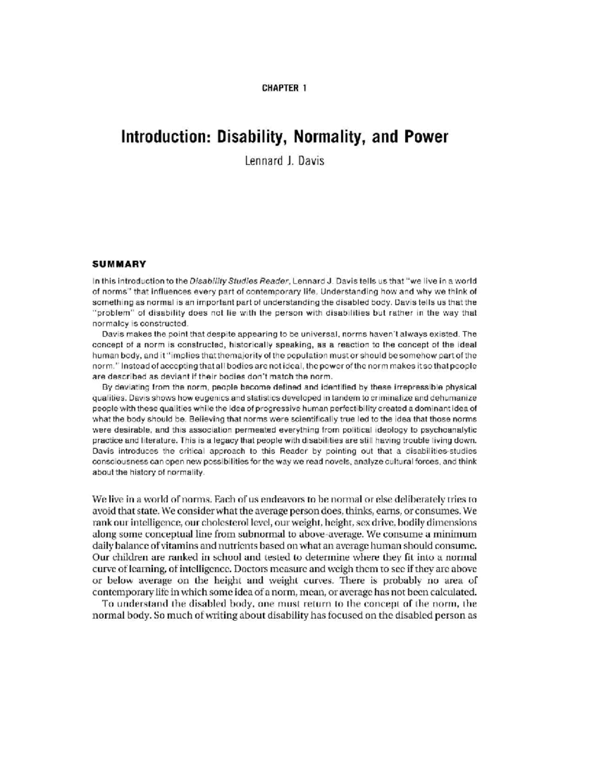 DISABILITY STUDIES READER: CHAPTER 1 - DISABILITY, NORMALITY, AND POWER ...