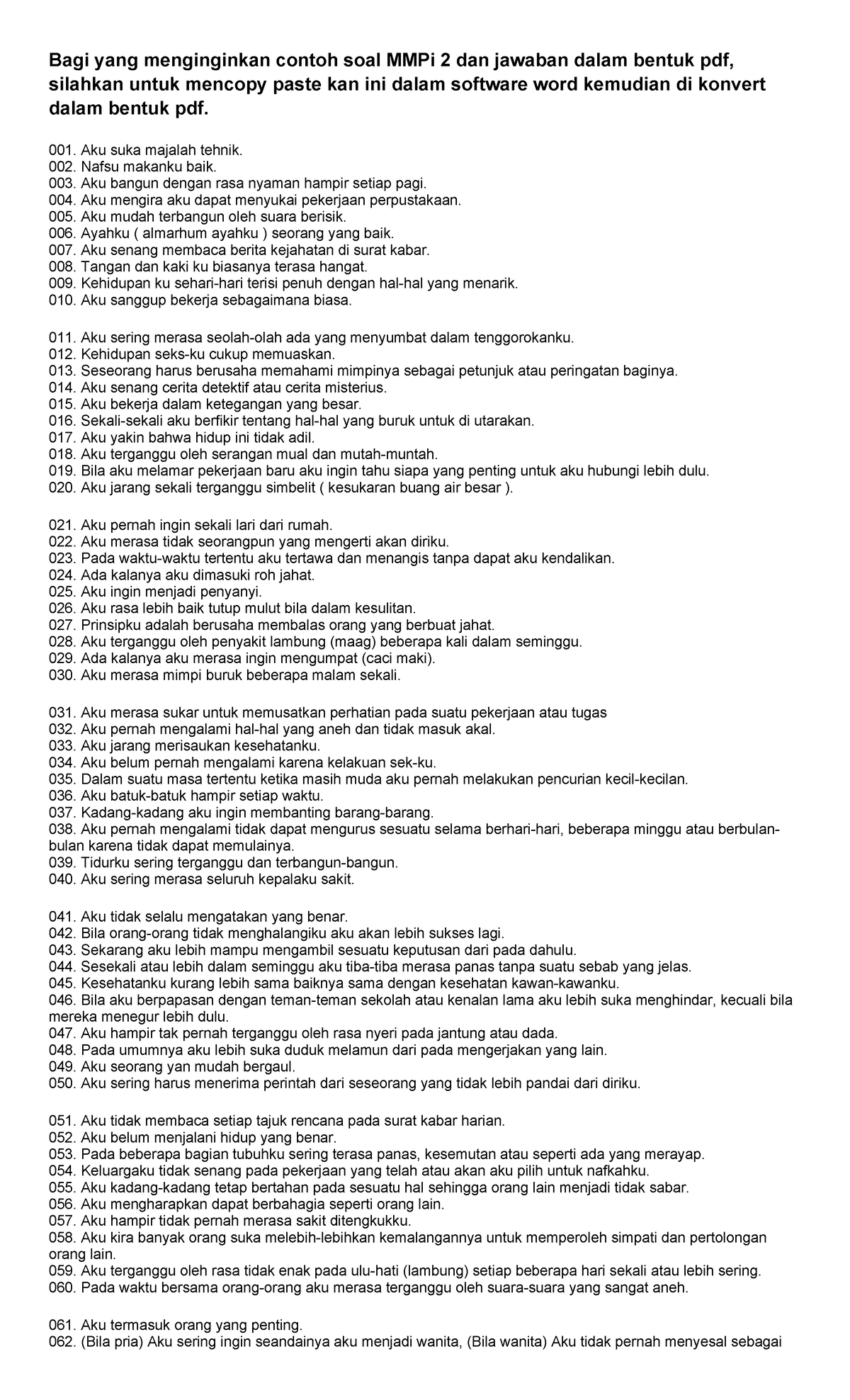 Contoh Soal Psikometri MMPI-2 untuk Kesehatan Mental - Studocu