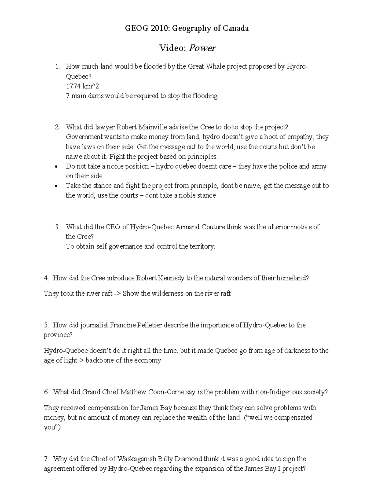 GEOG 2010: Video Questions on Canada's Geography and Environmental ...