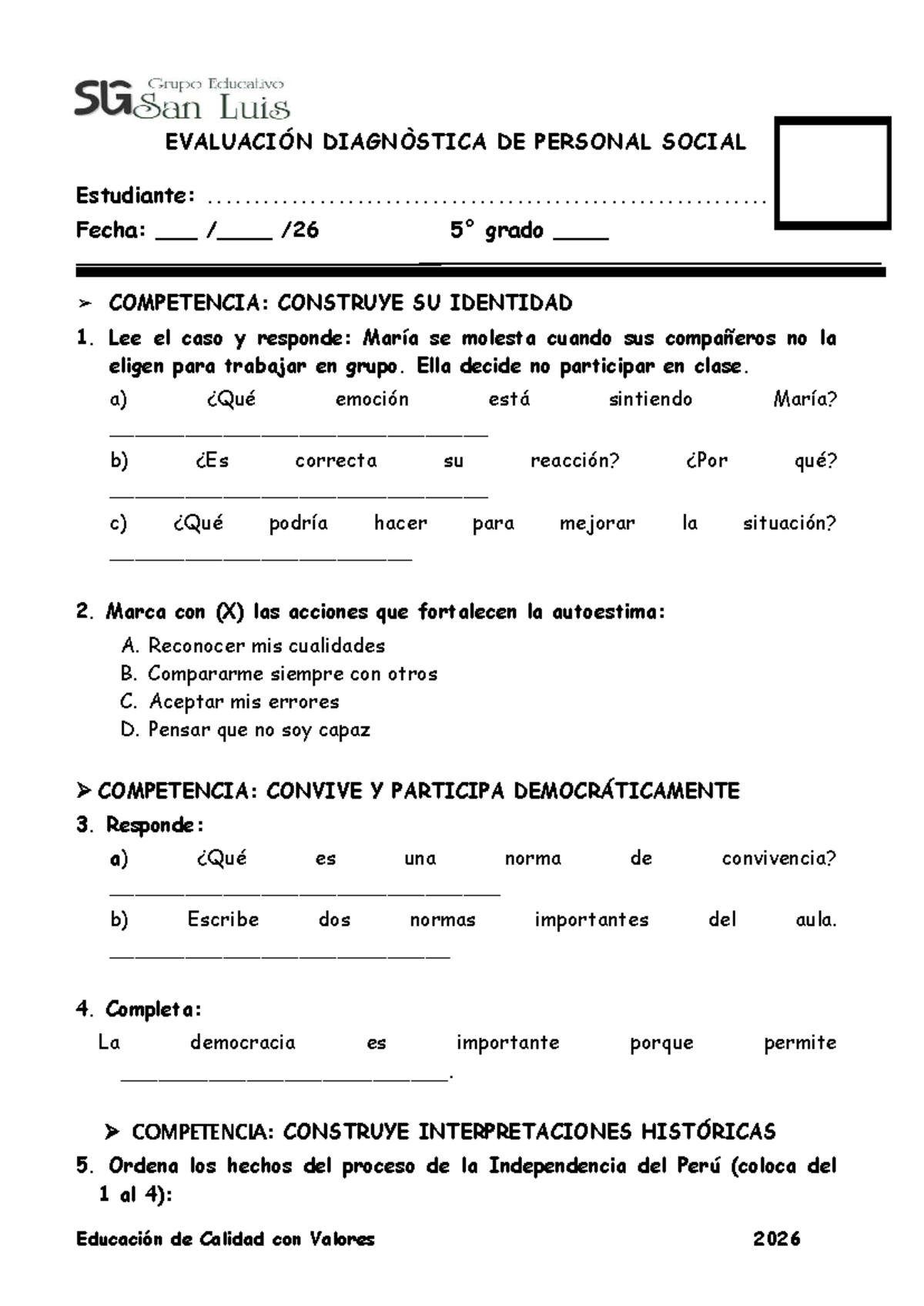 Evaluación Diagnóstica de Personal Social 5TO MQ: Construyendo ...