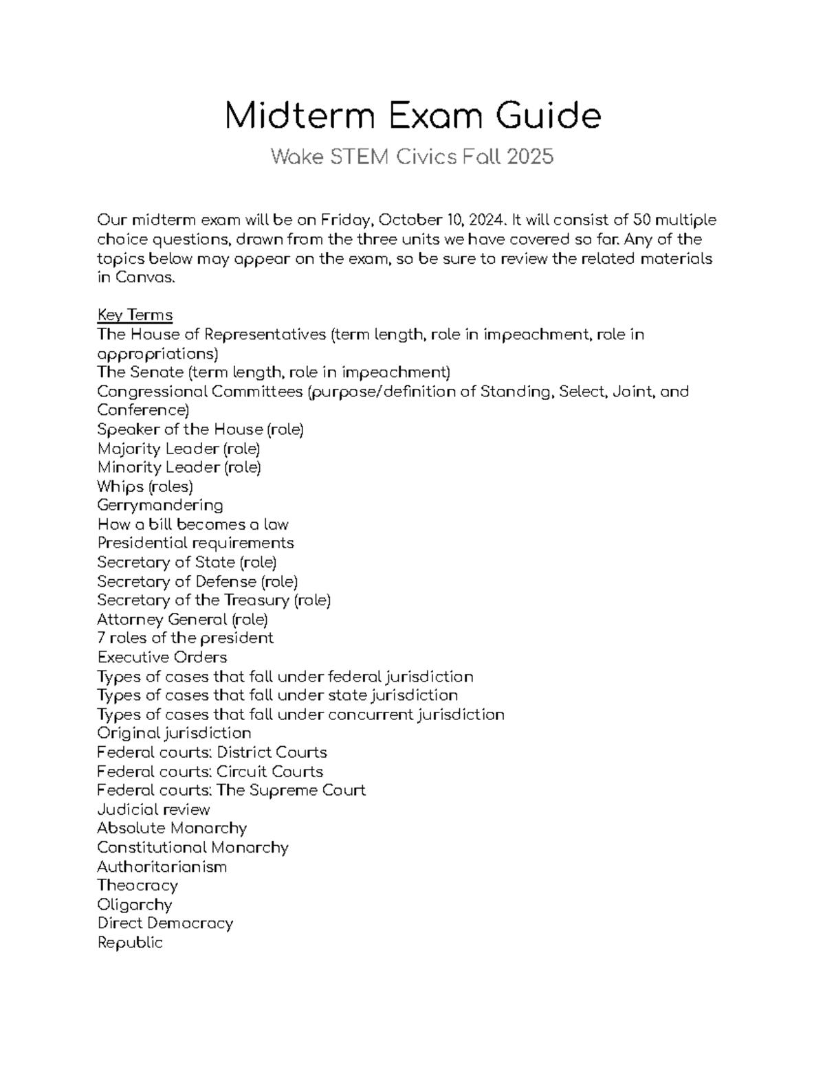 Midterm Exam Study Guide for Wake STEM Civics (Fall 2025) - Studocu