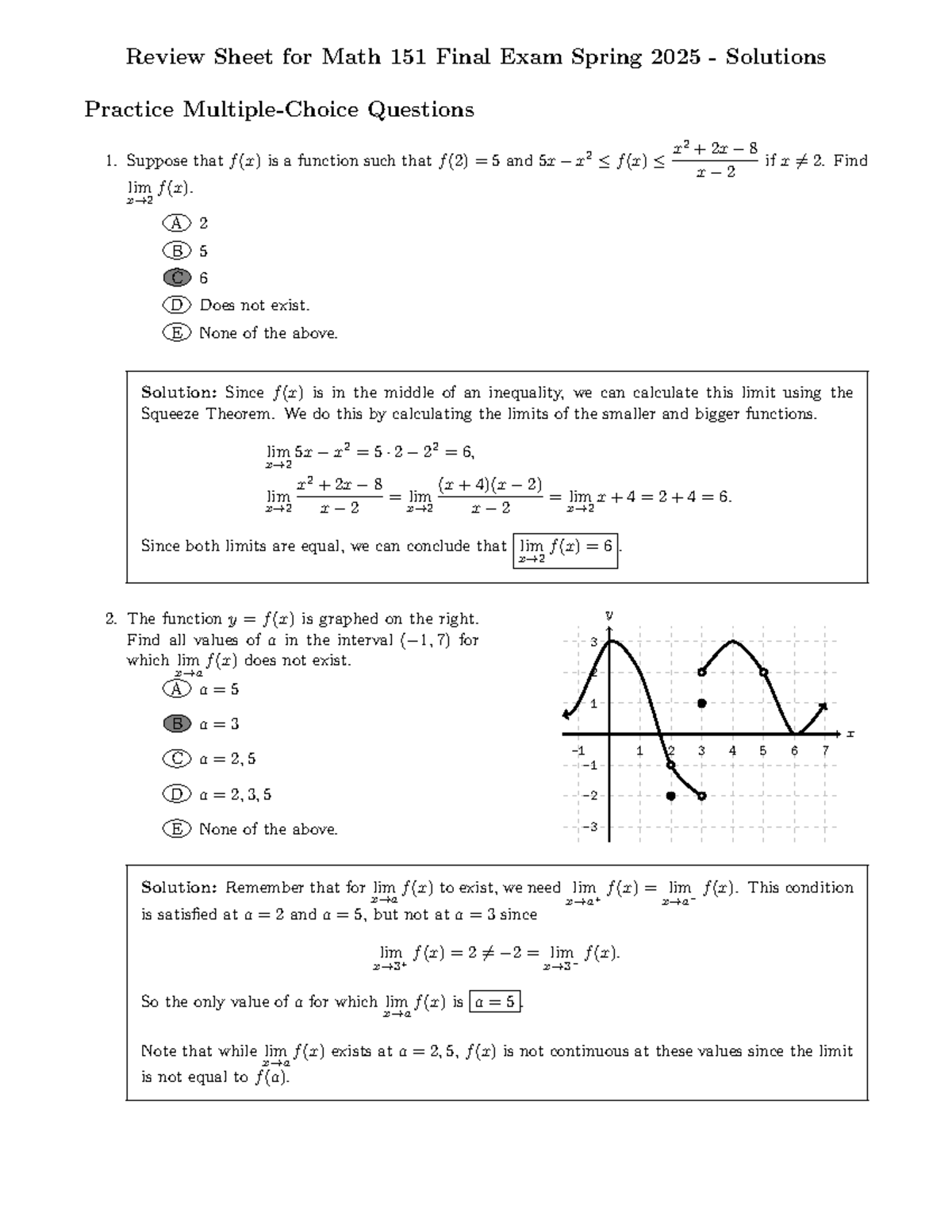Math 151 Final Exam Spring 2025 Review Sheet with Solutions - Studocu