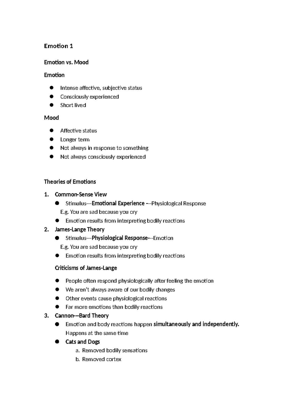 Emotion 1 - Notes on Emotion vs. Mood and Theories of Emotion - Studocu