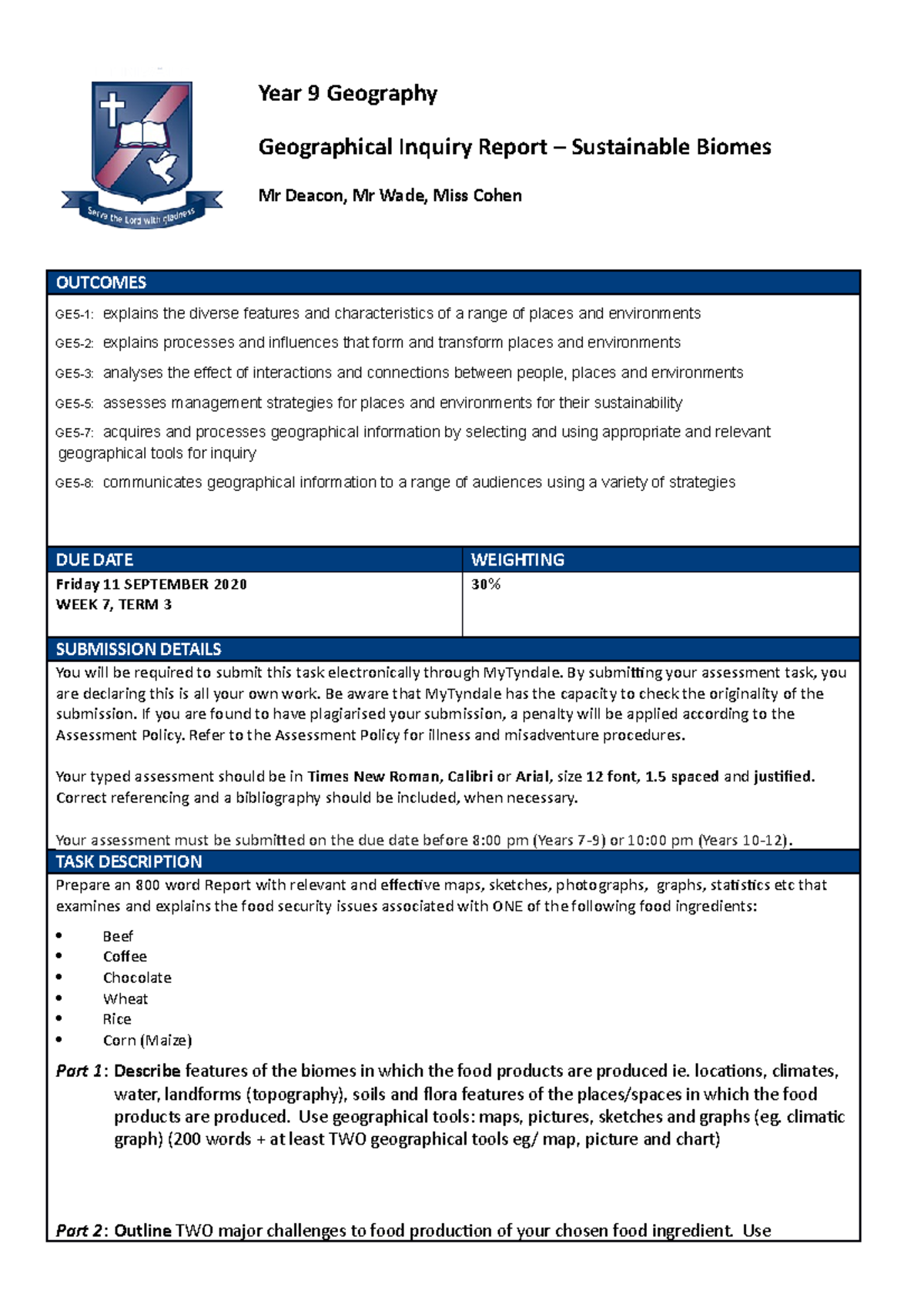 Year 9 Geography Sustainable Biomes Geographical Inquiry Report-2 ...