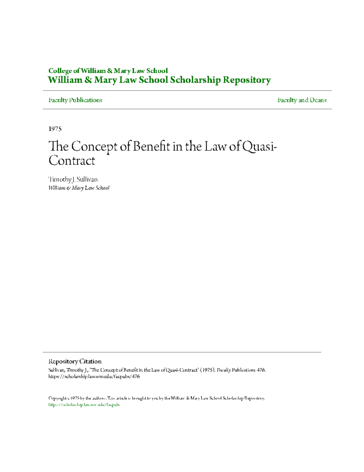 The Concept of Benefit in Quasi-Contract Law (LAW 476) - Studocu