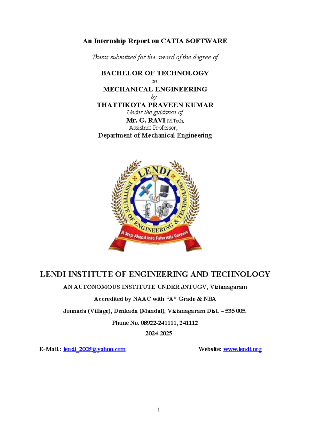 Internship Report on CATIA Software - B.Tech in ME Mechanical Engg ...