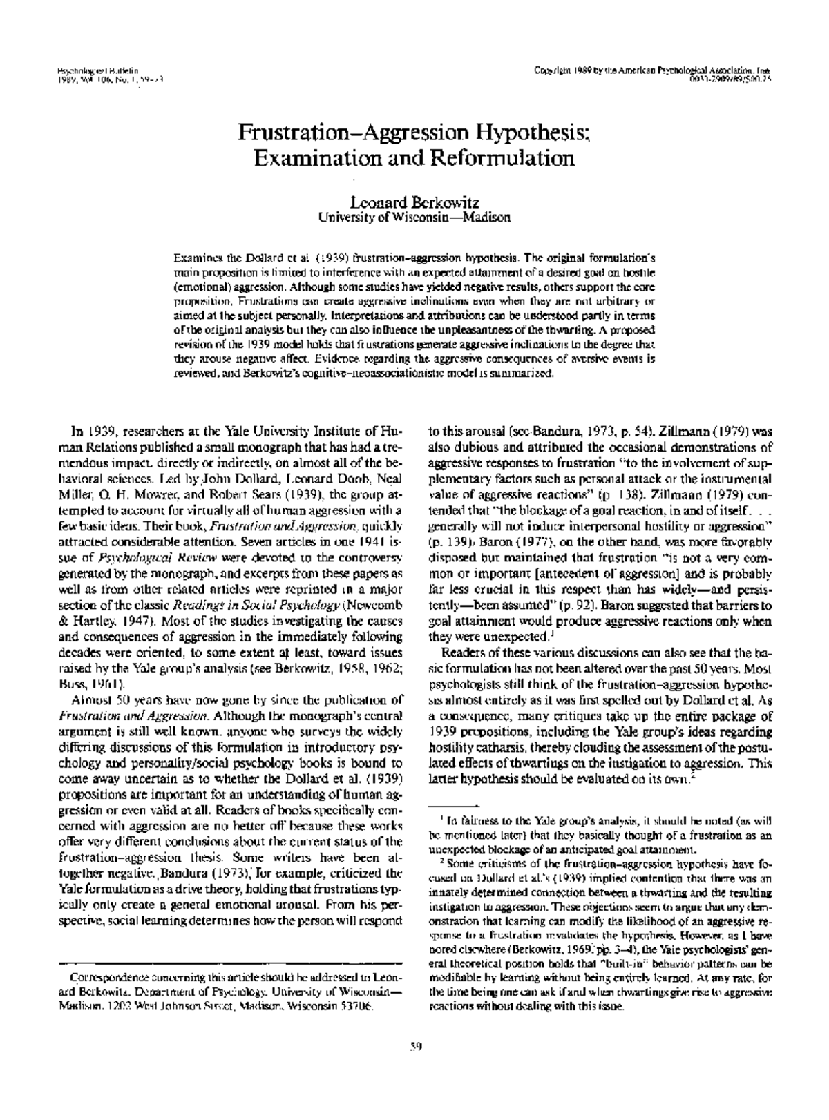Frustration-Aggression Hypothesis: Examination & Reformulation (PSY ...