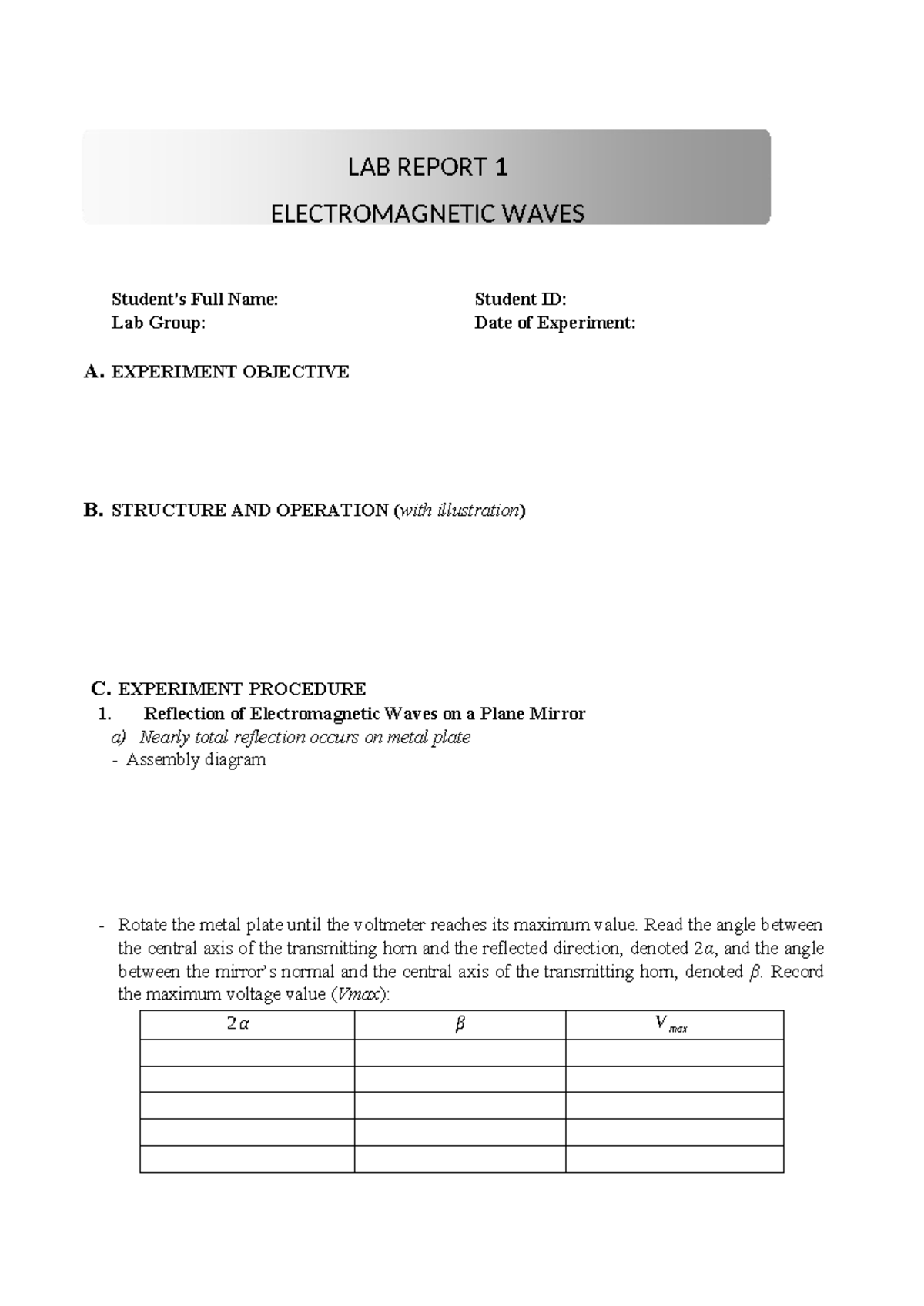 LAB REPORT 1: ELECTROMAGNETIC WAVES EXPERIMENT DETAILS - Studocu