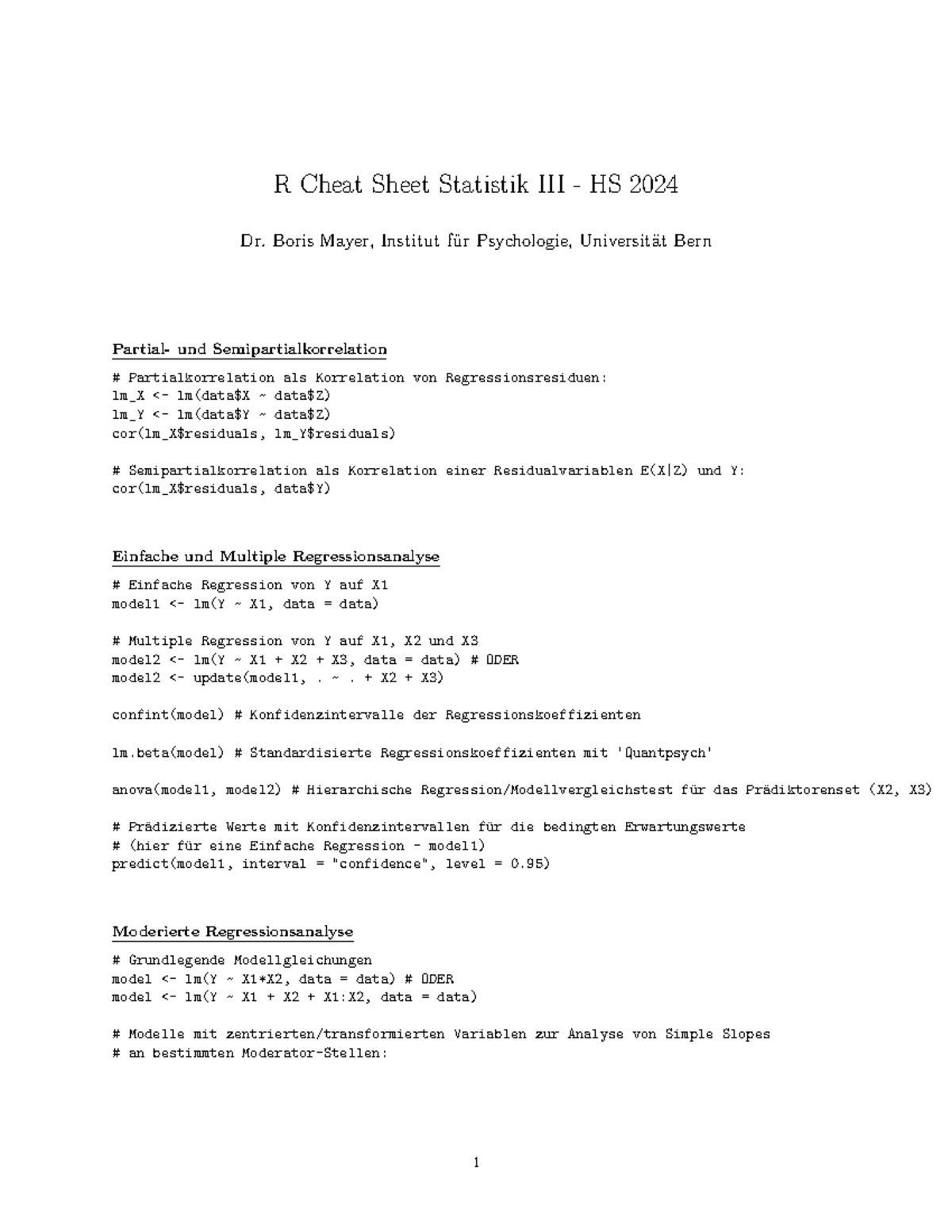 R Cheat Sheet: Statistik III - HS 2024 - Regressionsanalysen und ...