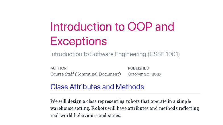 CSSE 1001: OOP & Exceptions - Robot Class Design and Implementation - Studocu