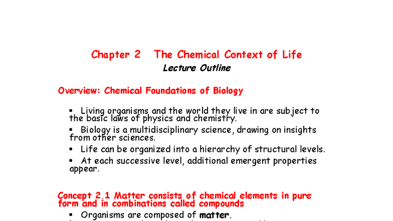 AP Bio Ch. 02 Lecture Outline: The Chemical Context of Life - Studocu