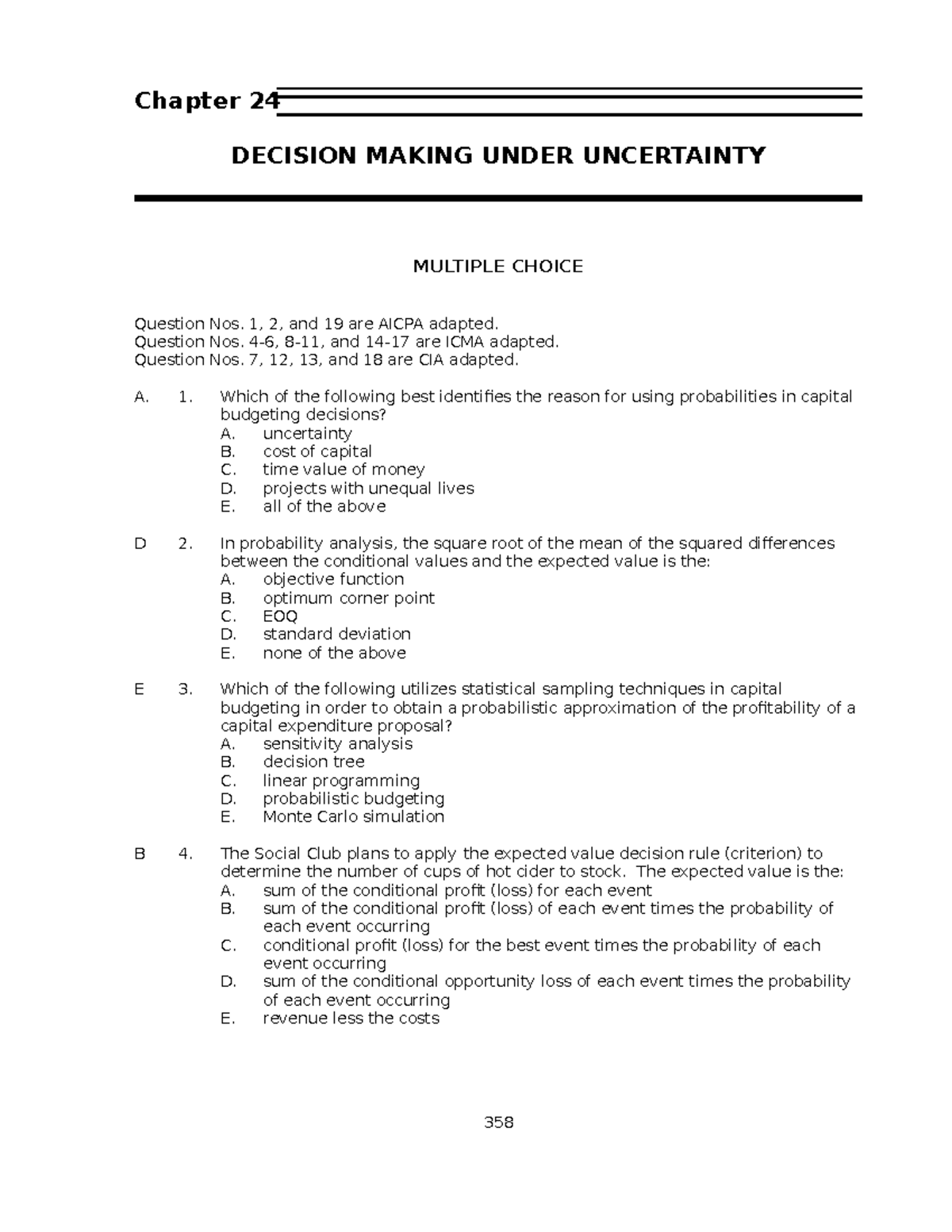 Ch24 - Practice Questions on Decision Making Under Uncertainty - Studocu