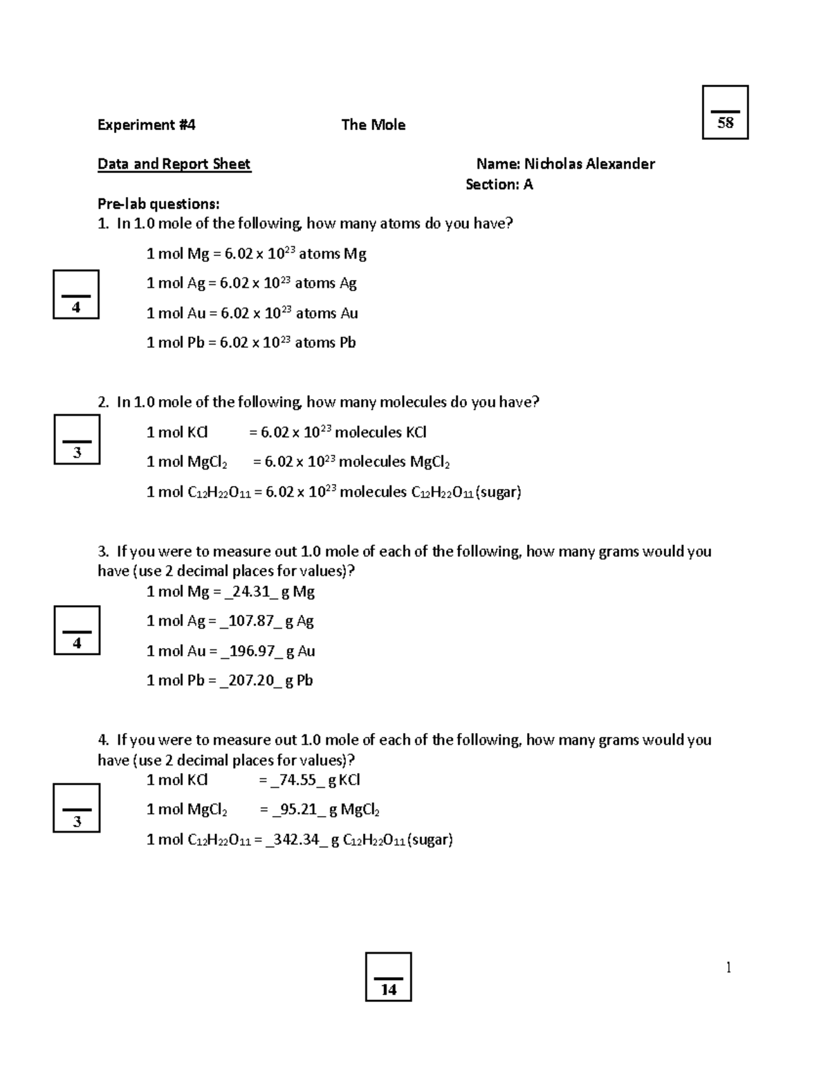 CHM1106 Lab 4: Molar Mass Calculations and Experiment Results - Studocu