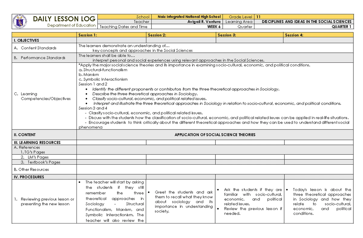 DISS Q1 WEEK 3 - Daily Lesson Log on Social Sciences - Studocu