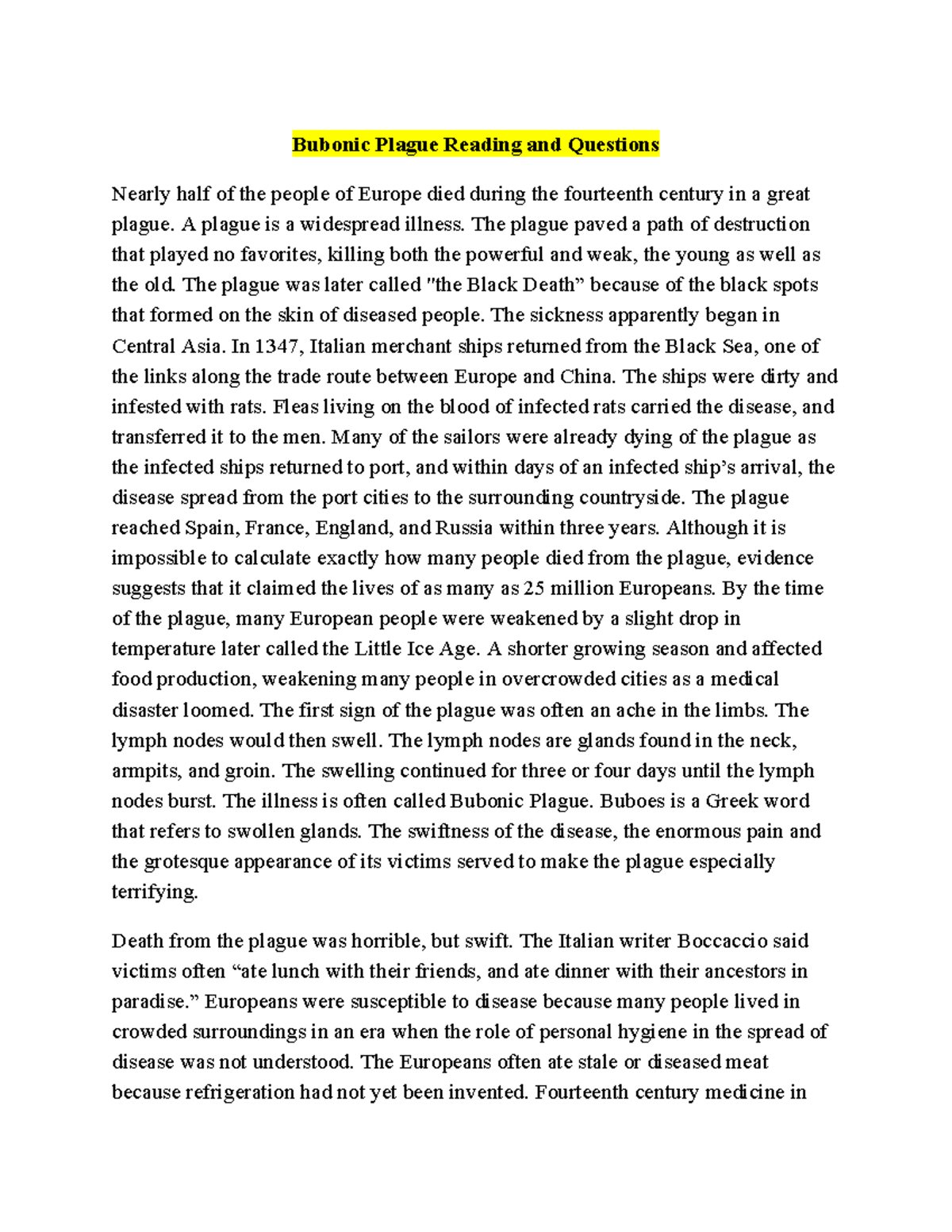 Bubonic Plague Overview and Discussion Questions - Studocu