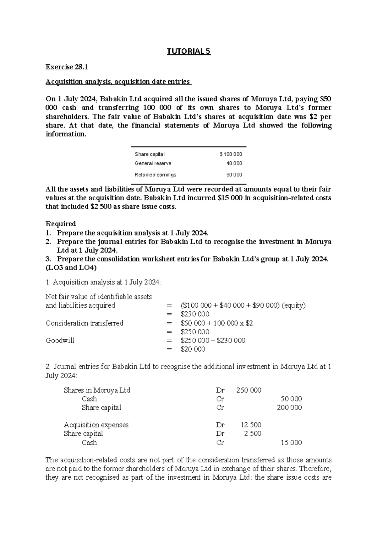 Tutorial 5 Solutions: Acquisition Analysis & Consolidation Entries - Studocu