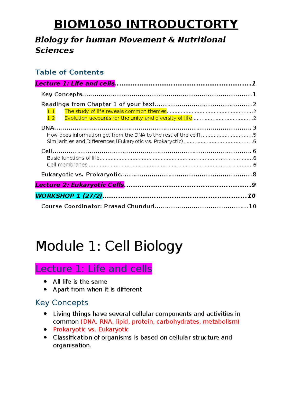 BIOM1050 - Introductory Biology for Human Movement Lecture Notes - Studocu