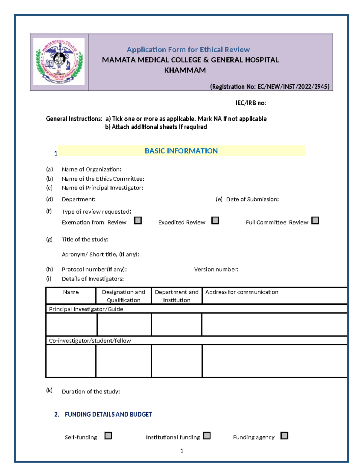 Ethics Review Application Form - MAMATA MEDICAL COLLEGE - Studocu