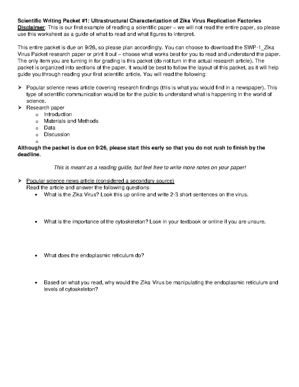 SWP-1 Final Assignment: Zika Virus Packet Reading Guide - Studocu