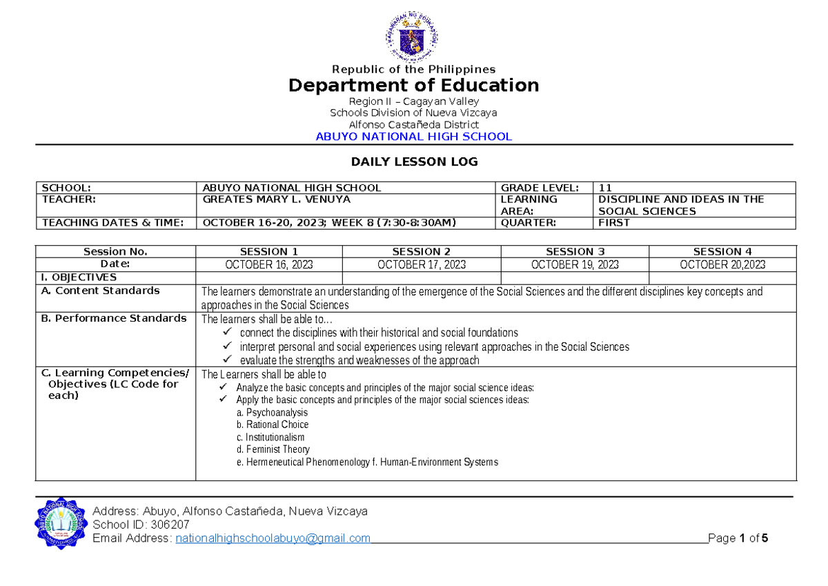 Q1-WEEK 8- DLL- DISS - DAILY LESSON LOG FOR GRADE 11 - Studocu