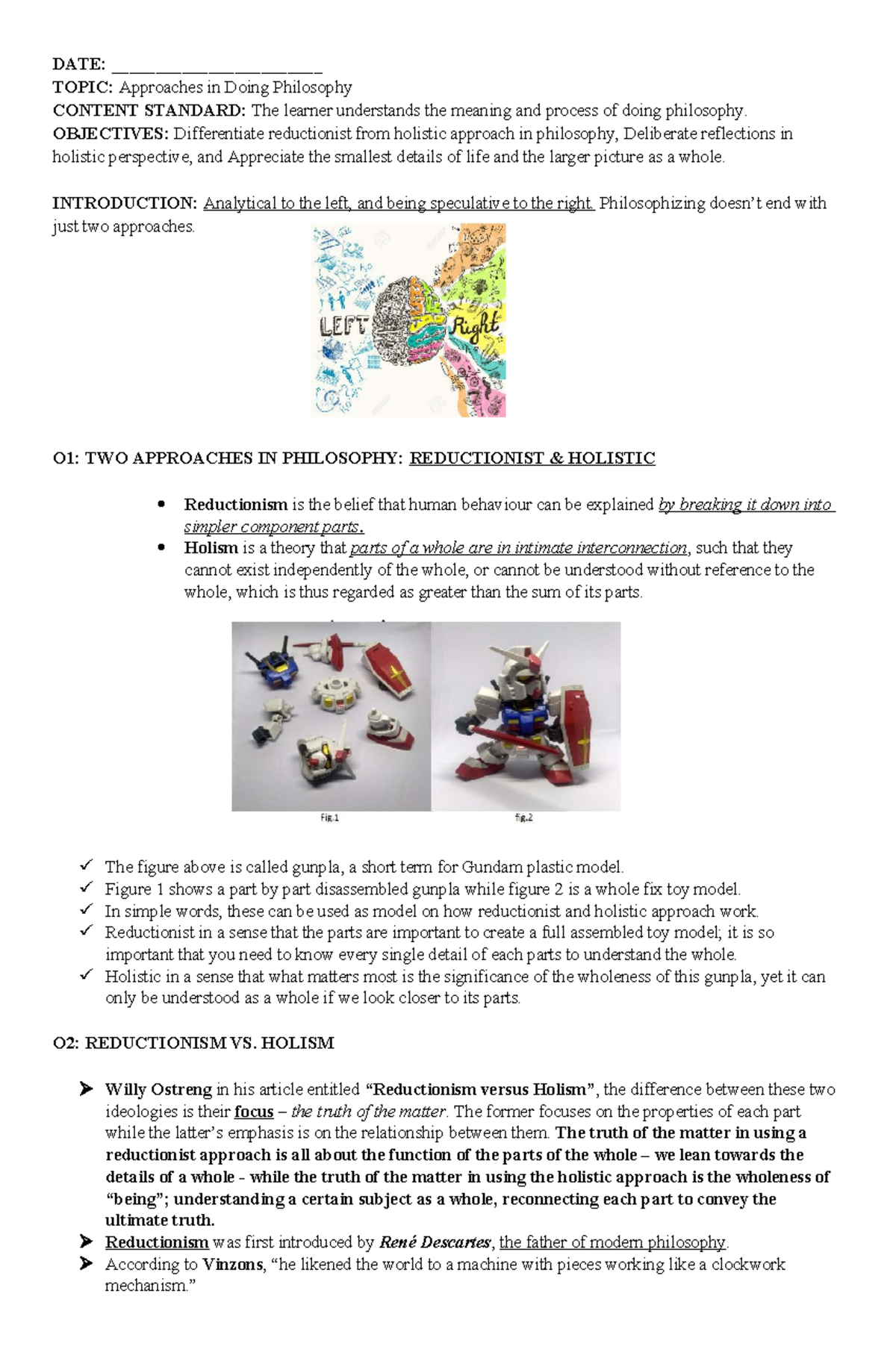 PHIL 101: Approaches in Doing Philosophy - Reductionism vs. Holism ...