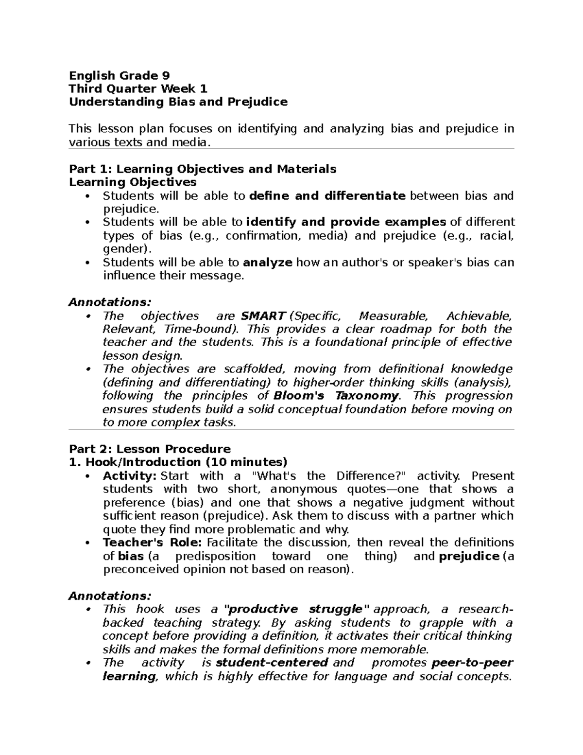 English 9 Lesson Plan: Understanding Bias & Prejudice (NCOI) - Studocu