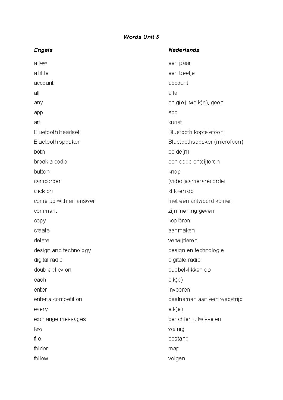 Words Unit 5 & 6 Vocabulary List (Engels Toets) - Studeersnel