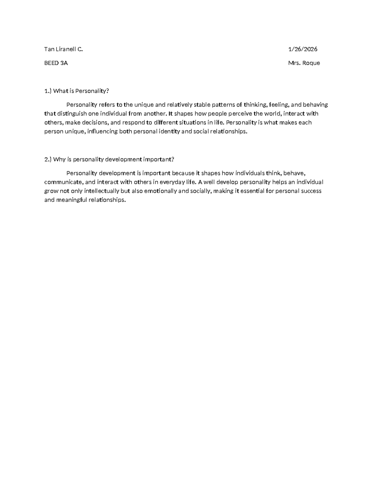 BEED 3A: Personality Development Study Notes - Studocu