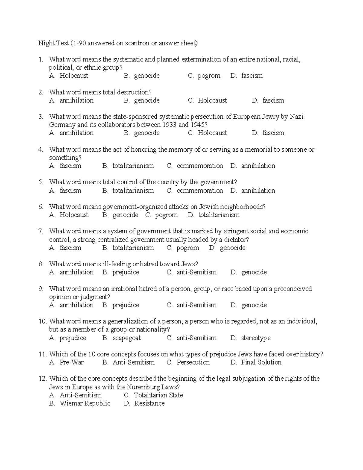 Night Test by Elie Wiesel - Night Test (1-90 answered on scantron or ...