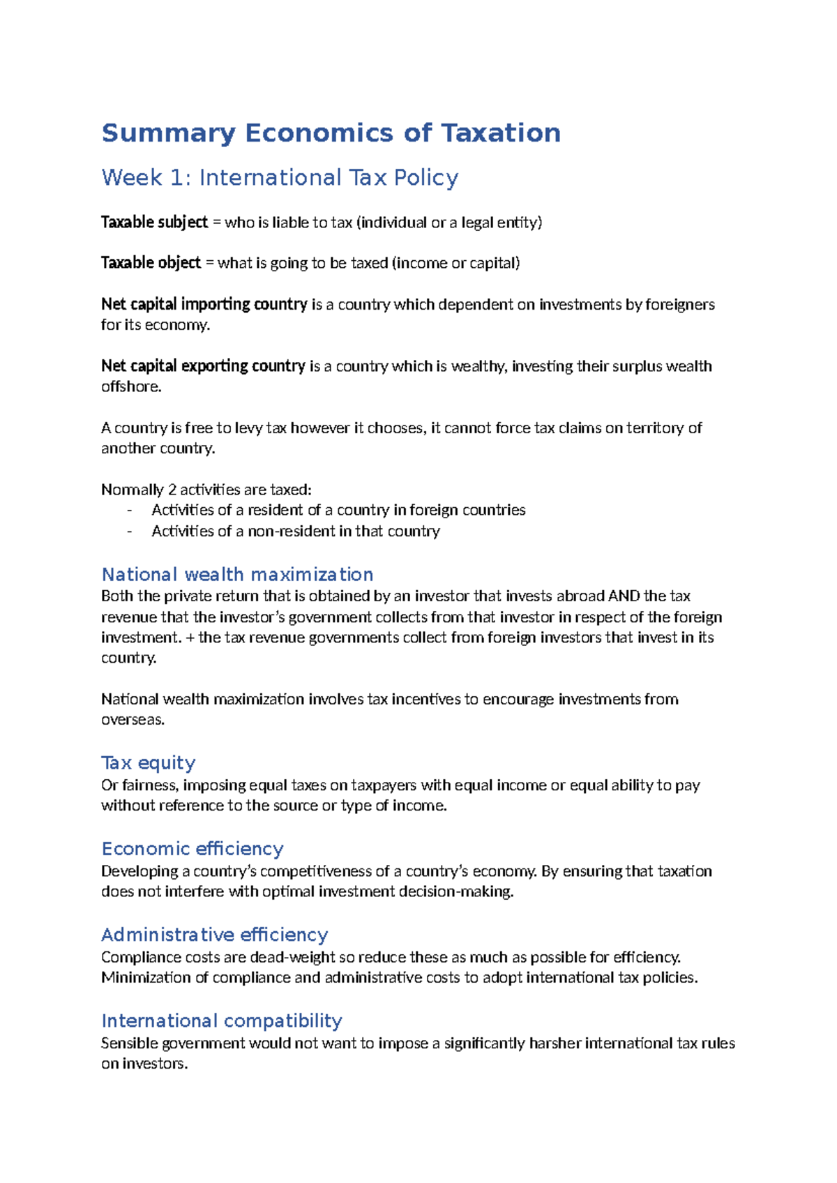 Summary of Economics of Taxation: International Tax Policy Insights (ECO 101) - Studeersnel