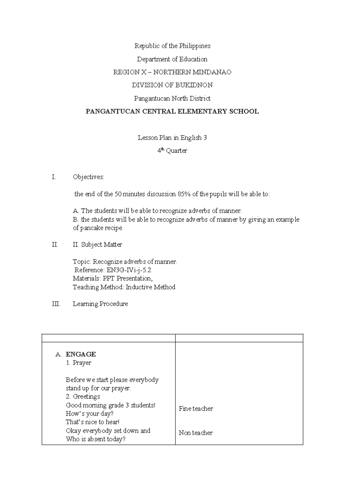 English 3 Lesson Plan: Recognizing Adverbs of Manner - Studocu