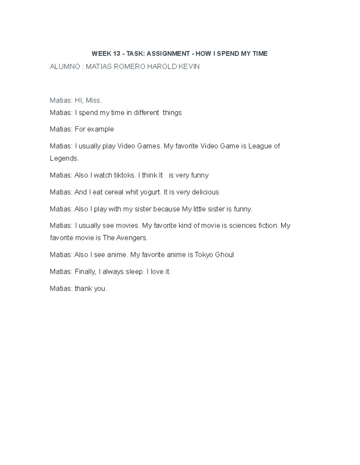 Week 13 Task Assignment On How I Spend My Time Studocu