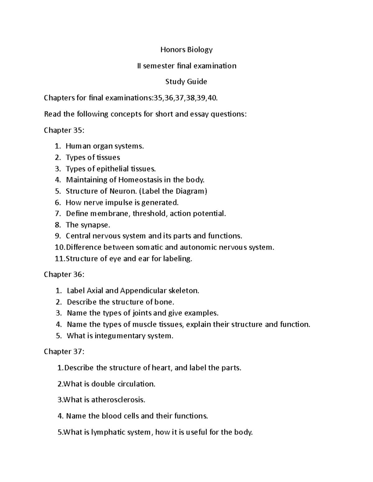 Honors Biology second semester final exams study guide - Honors Biology ...