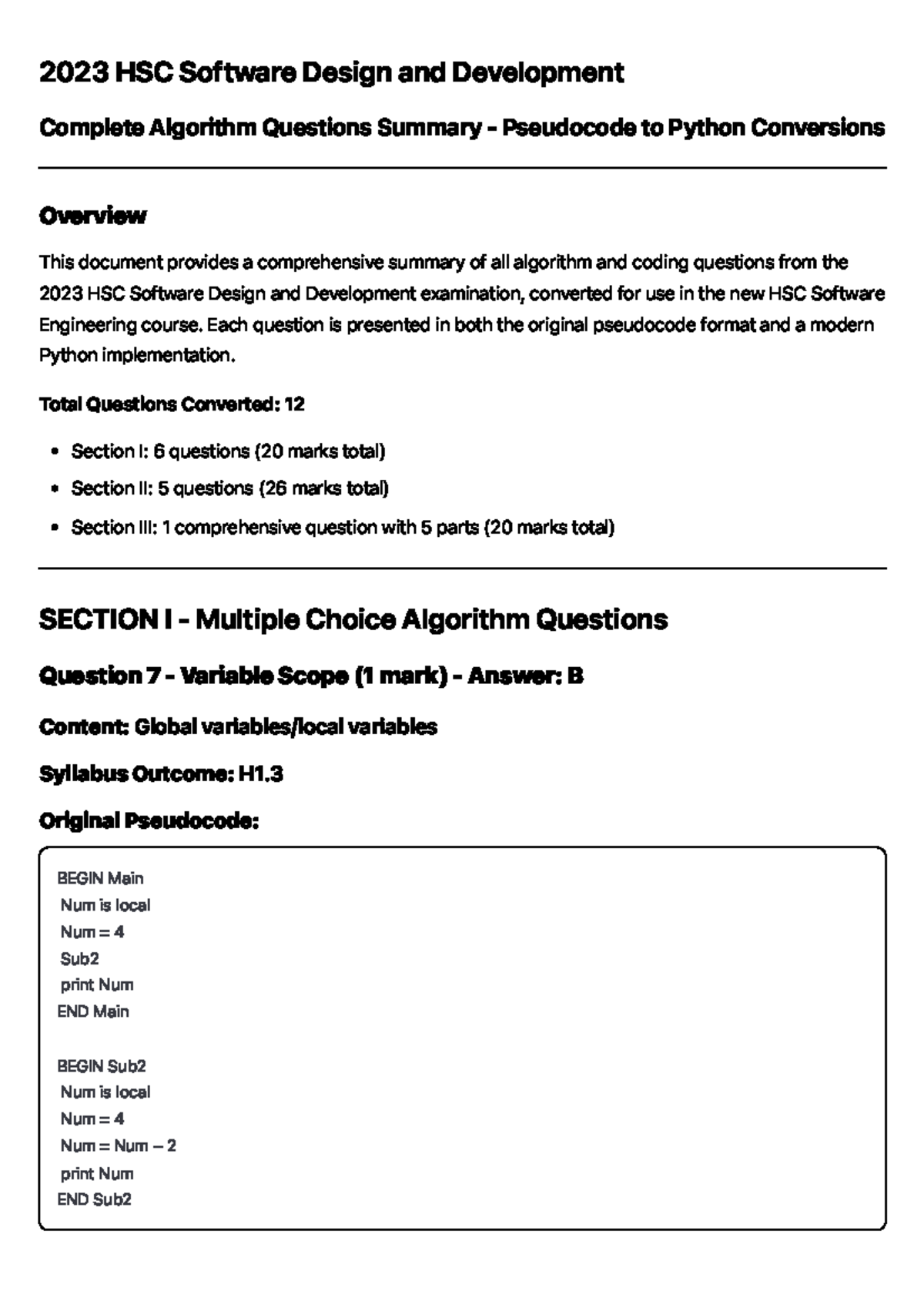 2023 HSC Software Design & Dev - Algorithm Qs Summary & Conversions ...