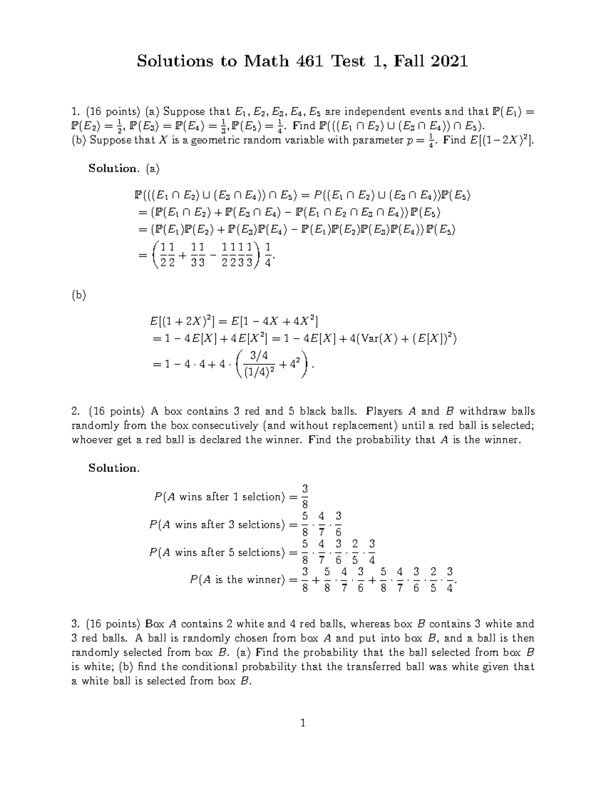MATH 461 Midterm 1 - Solutions to Math 461 Test 1, Fall 2021 (16 points ...