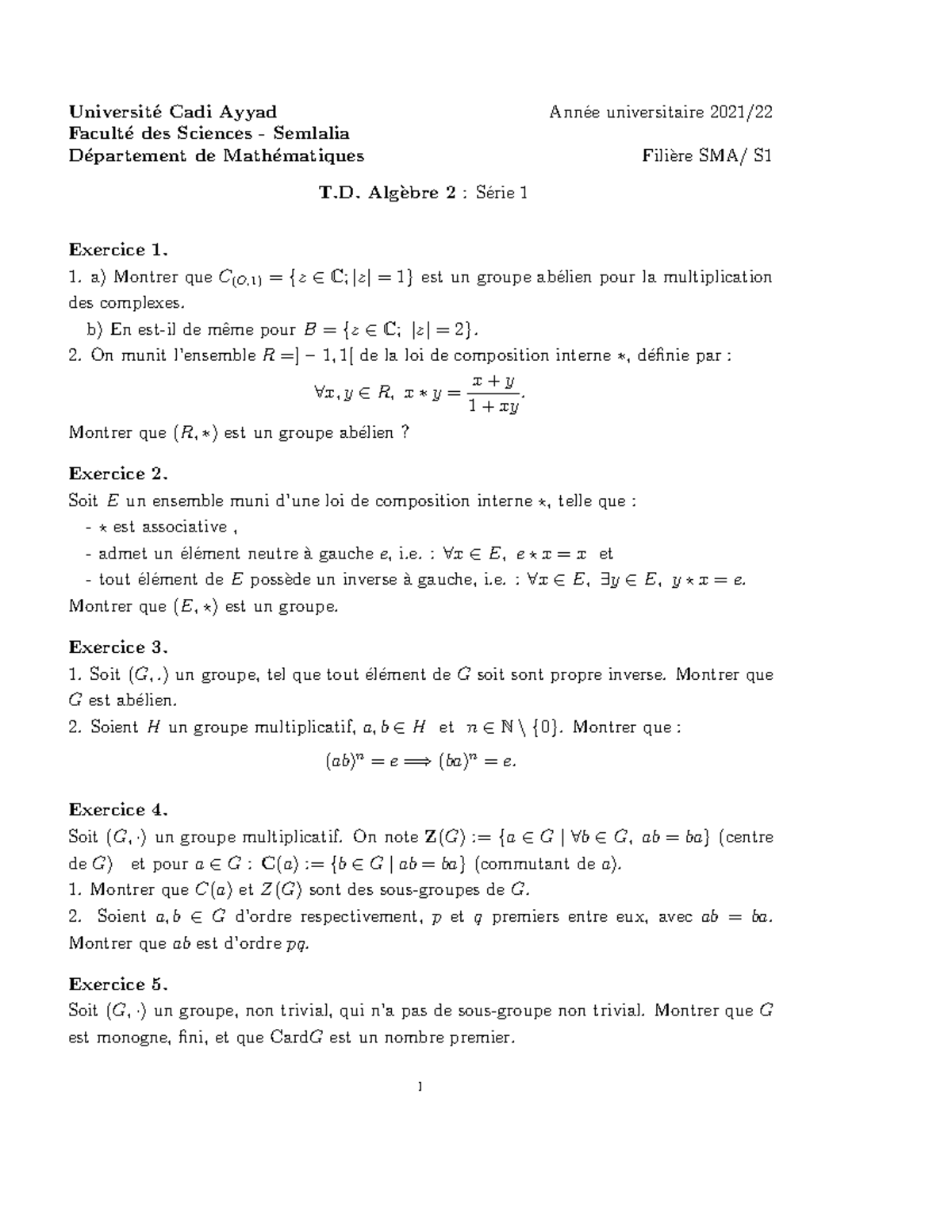 TD-Alg2 Série 1 - Exercices Corrigés d'Algèbre 2 pour 2021 - Studocu