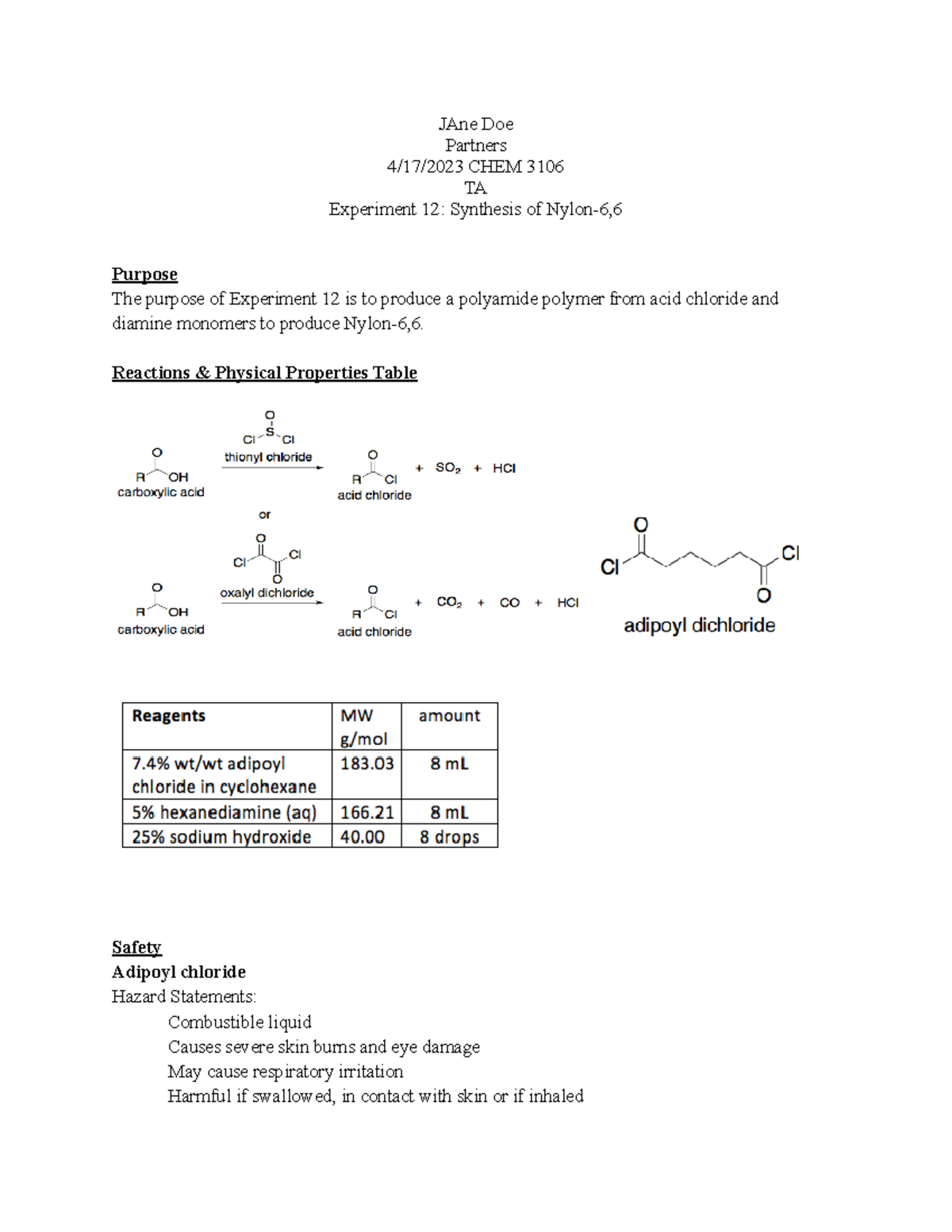 CHEM 3106 Experiment 12: Synthesizing Nylon-6 and Safety Guidelines ...