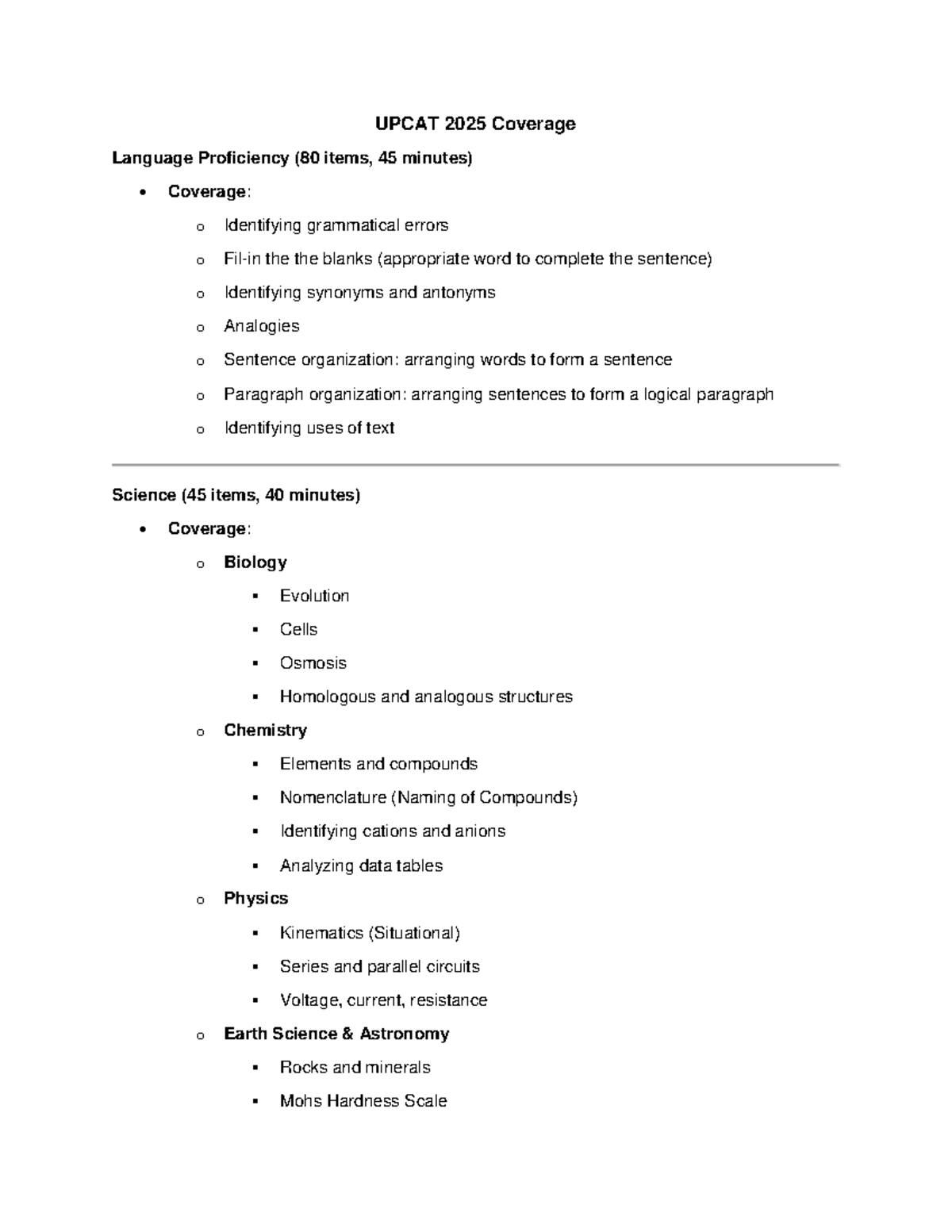 UPCAT 2025 Coverage: Language Proficiency & Science Topics - Studocu