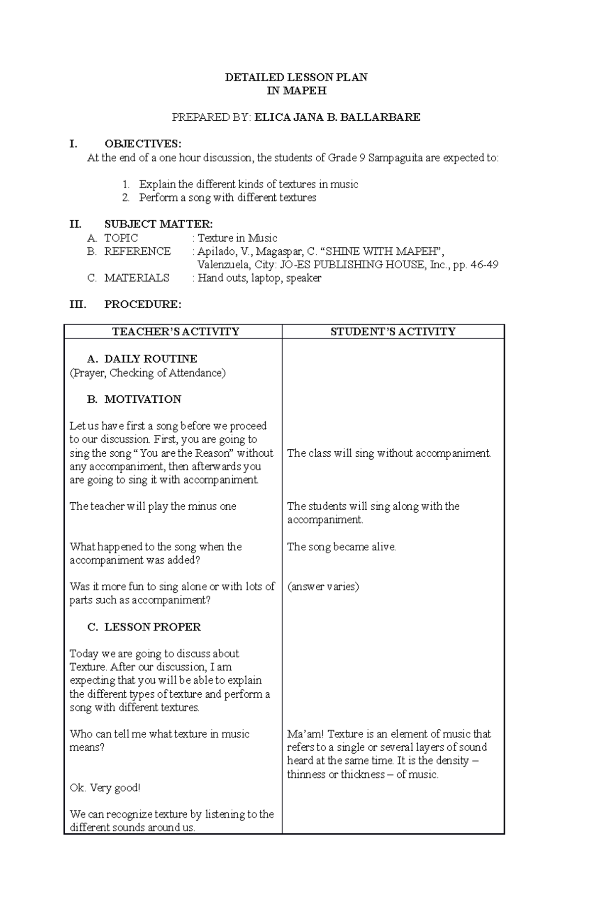 Example Of Detailed Lesson Plan In Mapeh