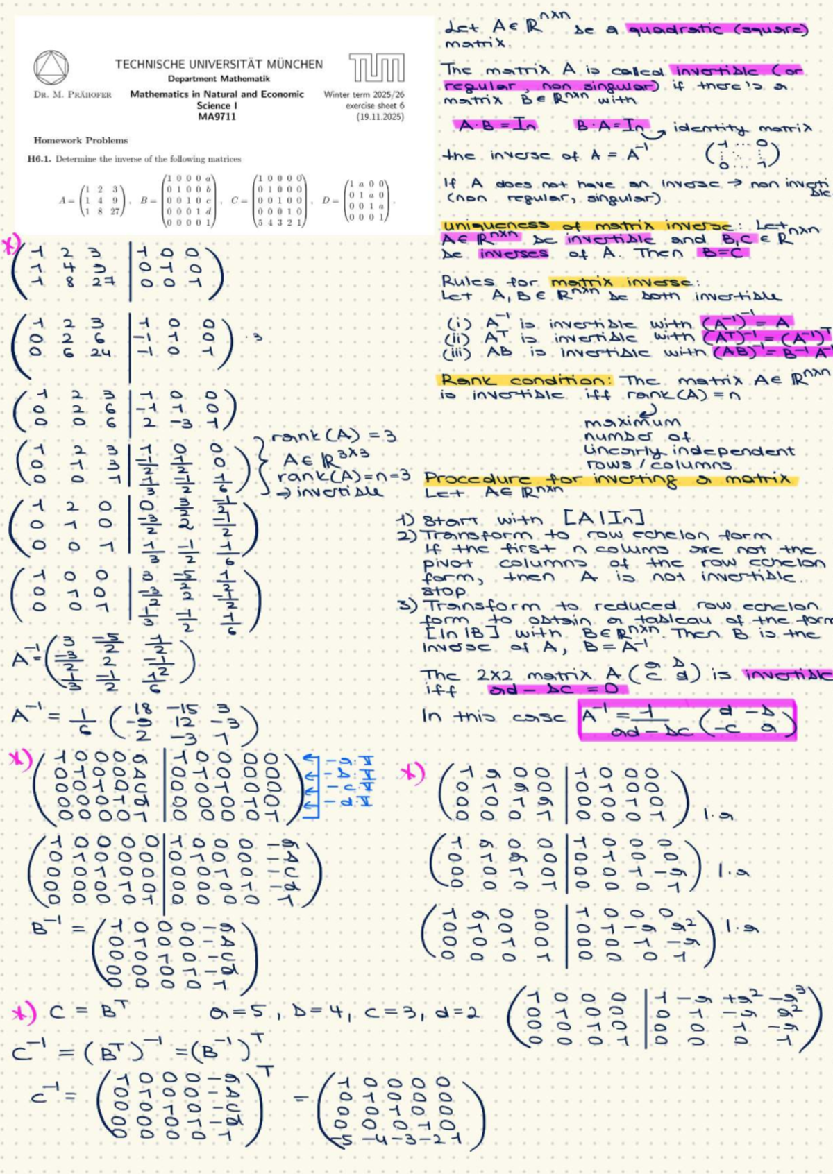 Exercise Sheet 6: Matrix Inverses and Determinants MA9711 - Studocu
