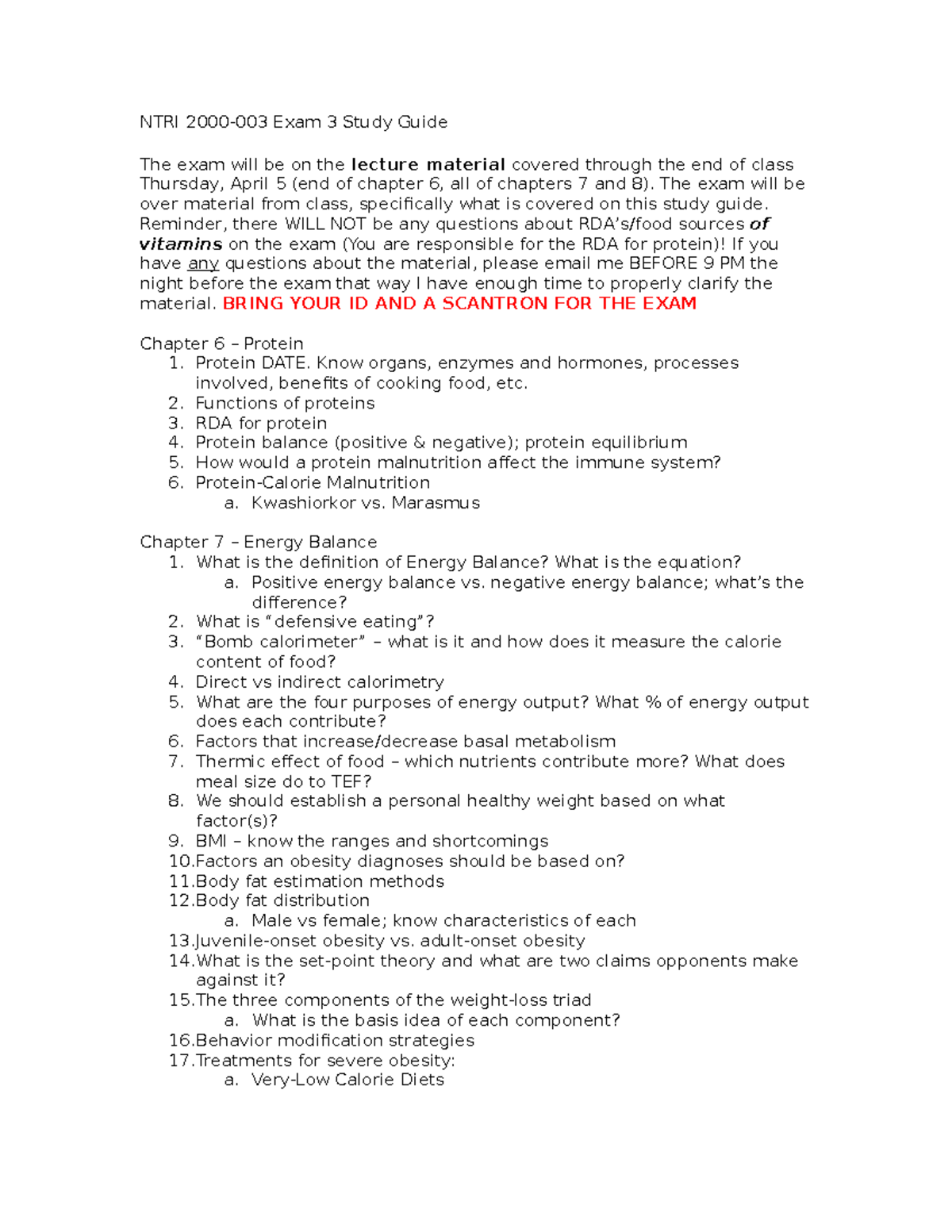 NTRI 2000 - Exam 3 Study Guide - Spring 2017 - NTRI 2000-003 Exam 3 ...