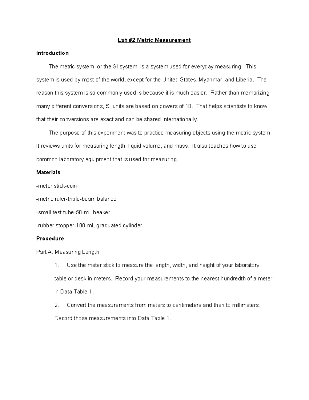 Chem Lab 2: Exploring Metric Measurements and Conversions - Studocu