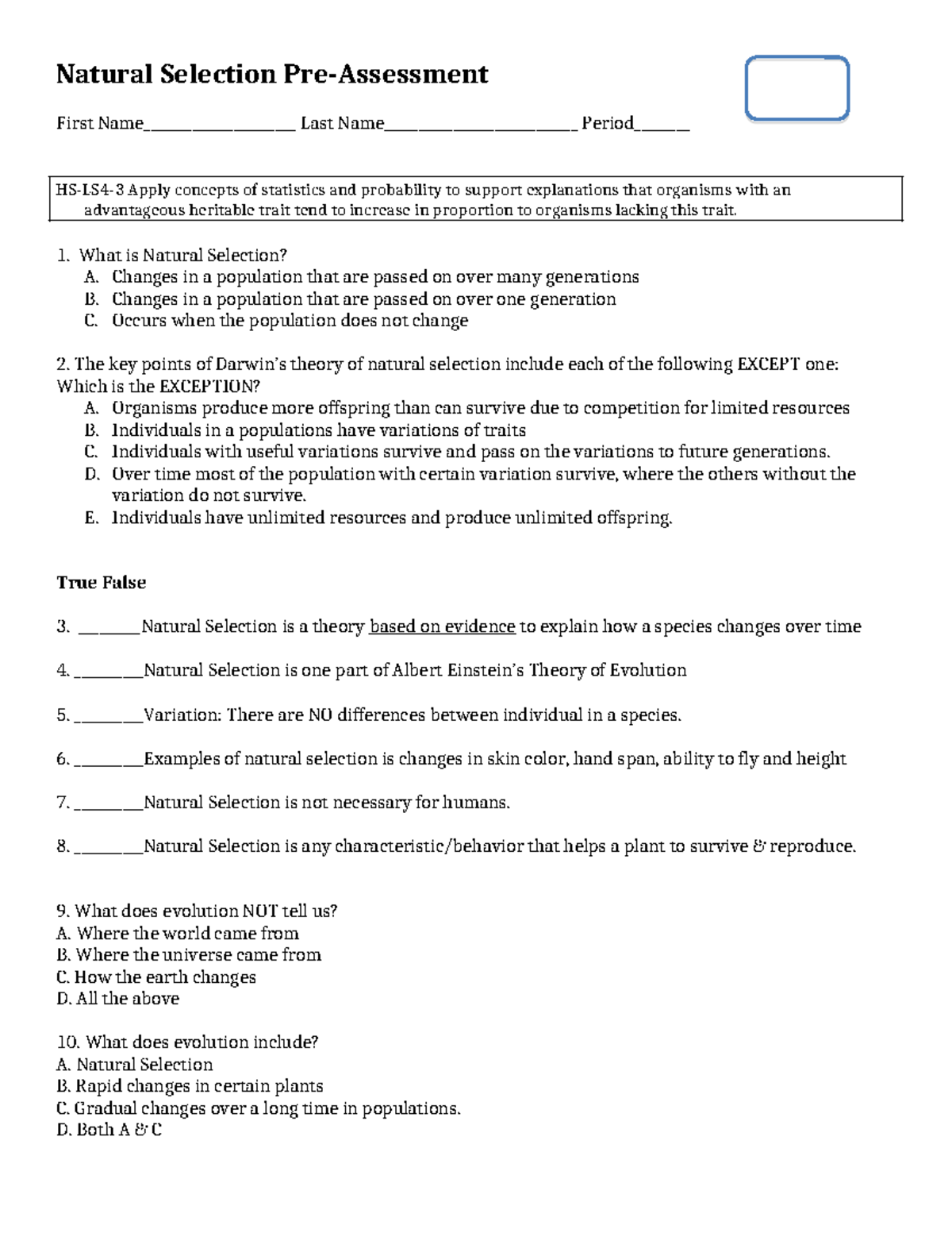 Natural Selection Pre-Test 2016 B: Key Concepts & Questions - Studocu