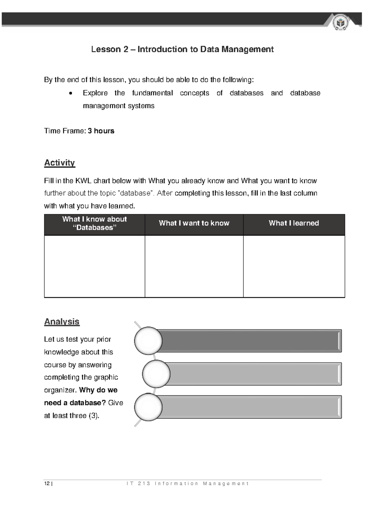 IT 213 - Module 1 - Data Management Concepts and Overview Lesson 2 ...