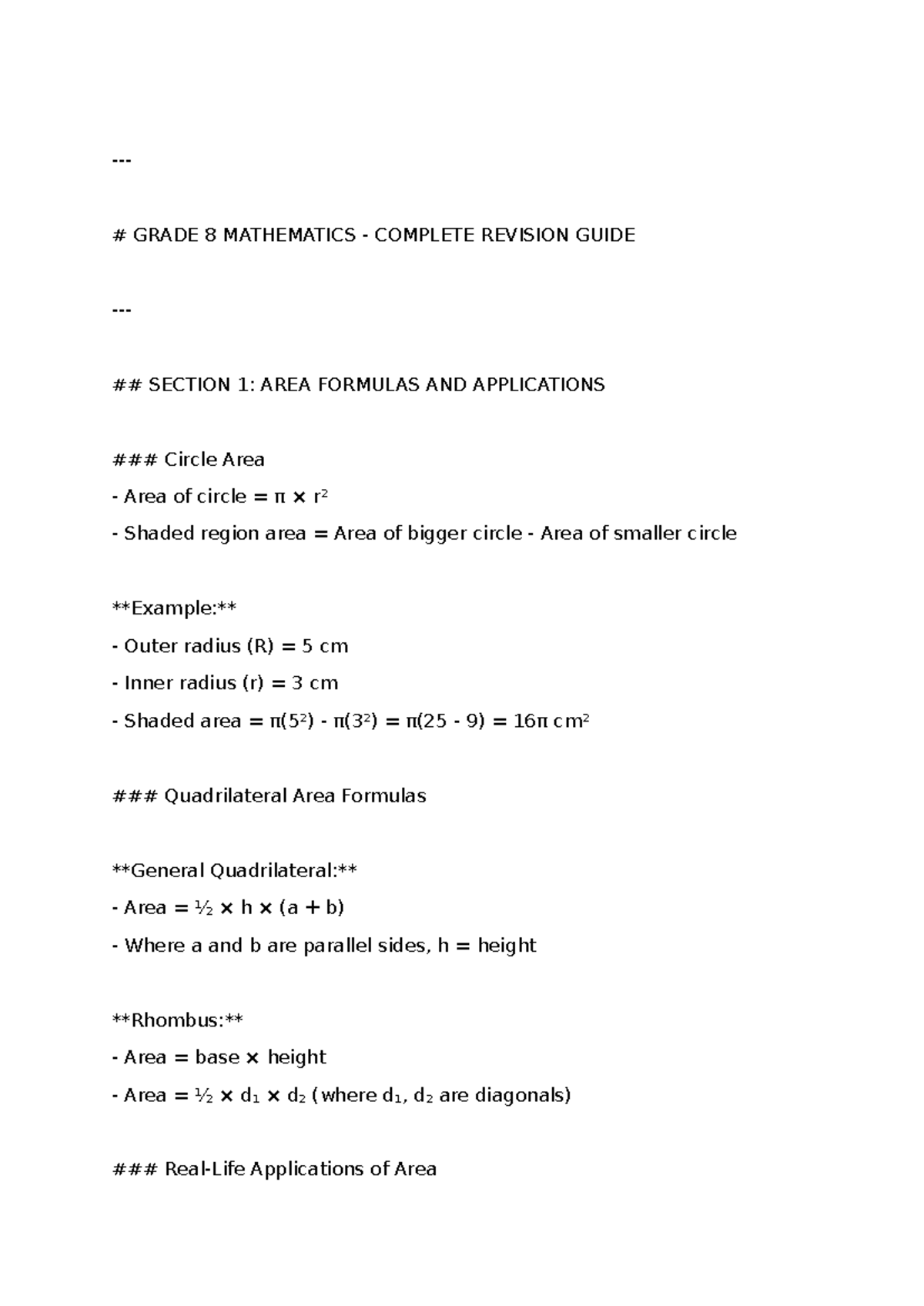 GRADE 8 MATHEMATICS COMPLETE REVISION GUIDE: AREA FORMULAS ...